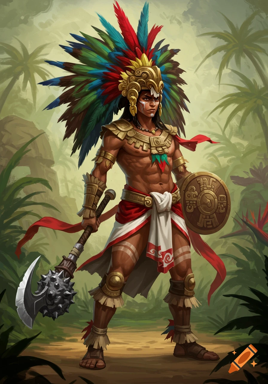 A colorful illustration of an Aztec warrior holding a club and shield ...