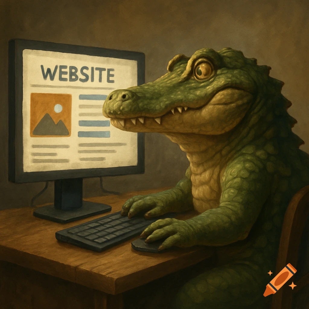 An alligator sits at a desk using a computer, painted in a stylized way ...