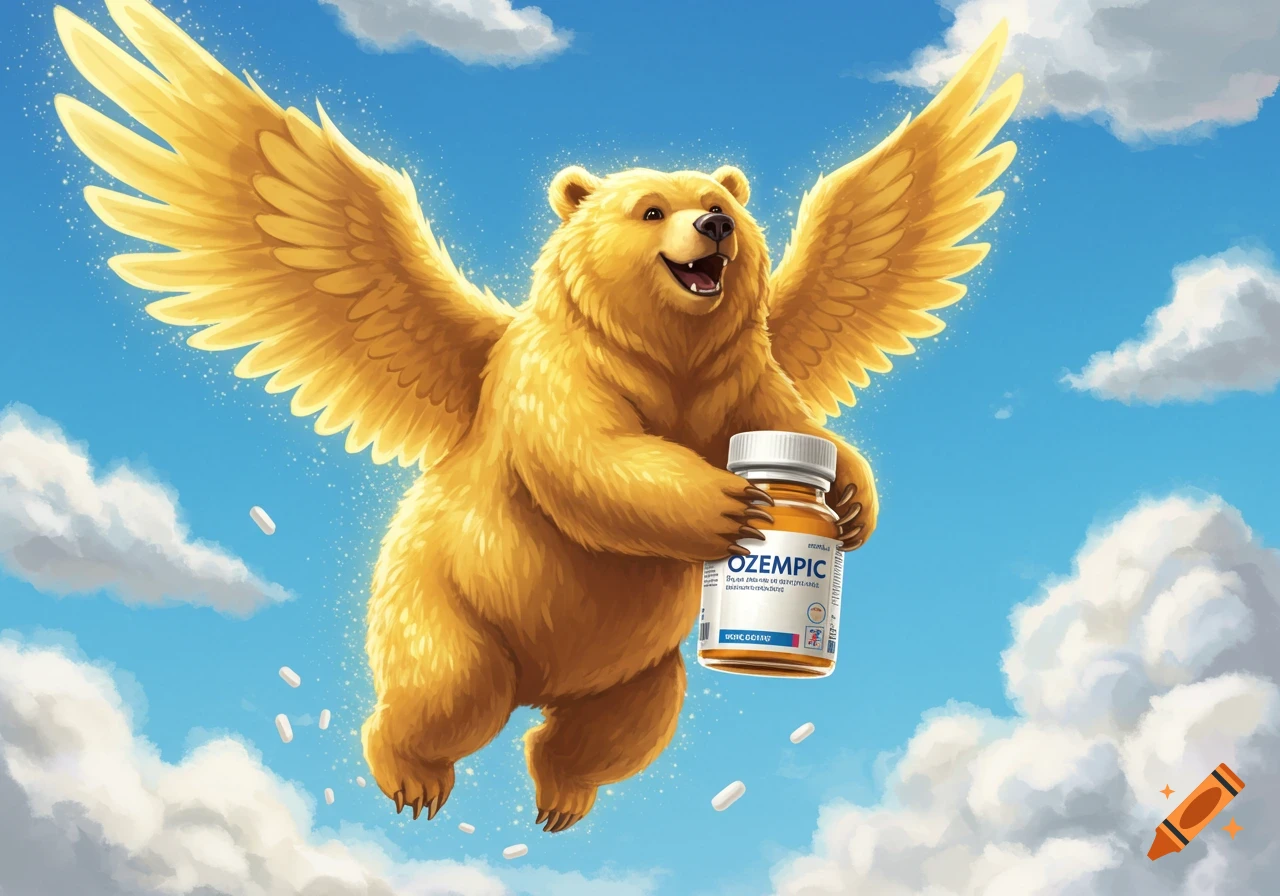Cartoon golden bear with wings flying and holding a bottle of Ozempic ...