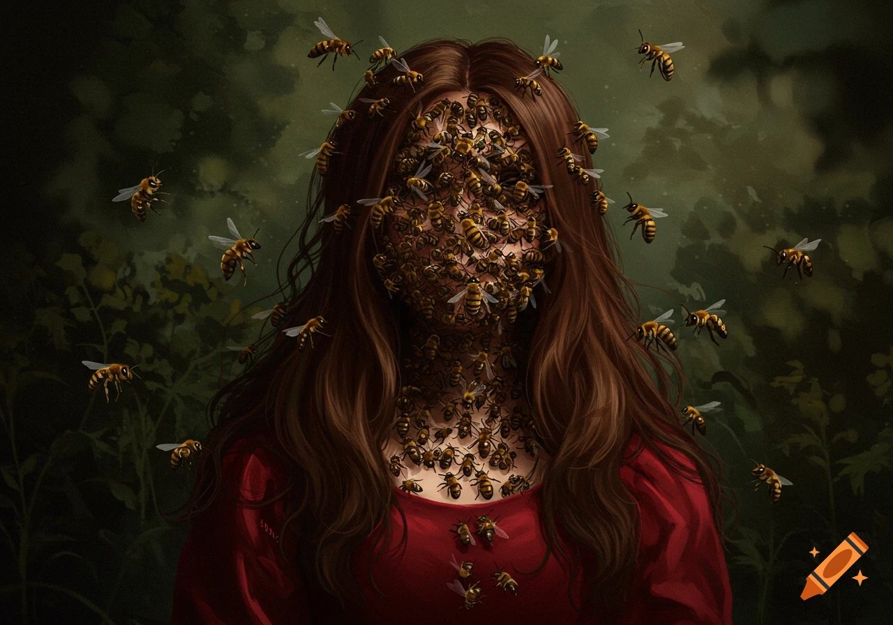Surreal portrait of a woman with her face and neck covered by a swarm ...