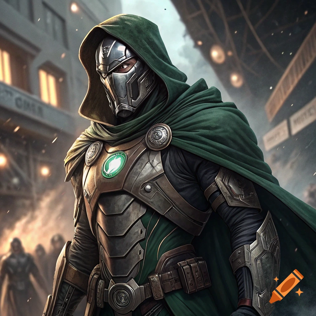 Concept art of a character resembling Doctor Doom in armor and a green hood on Craiyon