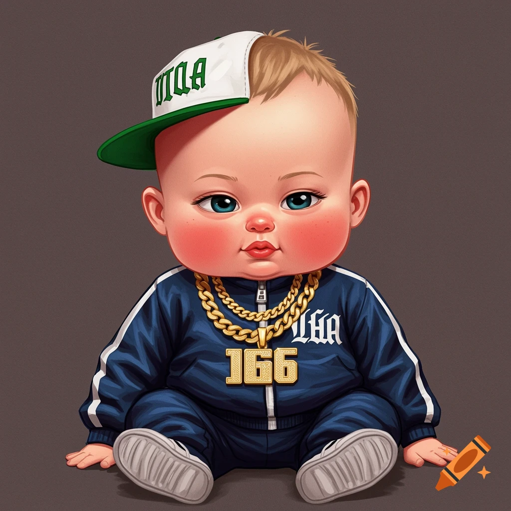 Illustration of a baby in a tracksuit, gold chains, and baseball cap ...