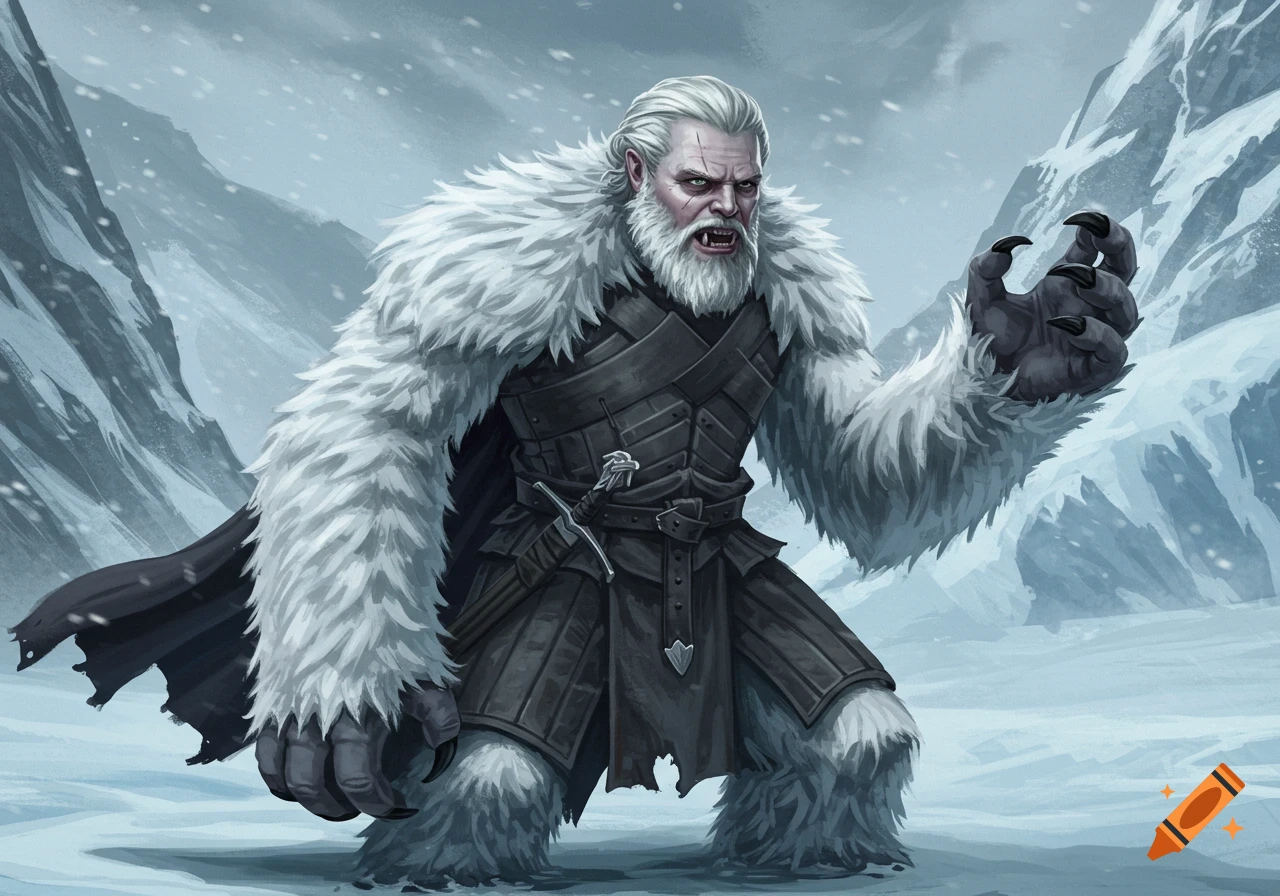 Digital painting of a fearsome yeti-like creature in armor standing in ...