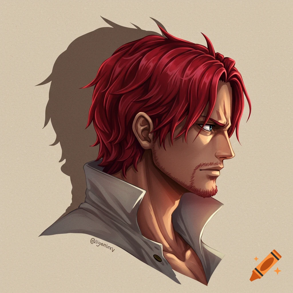 Profile portrait of Shanks from One Piece with red hair and beard in ...