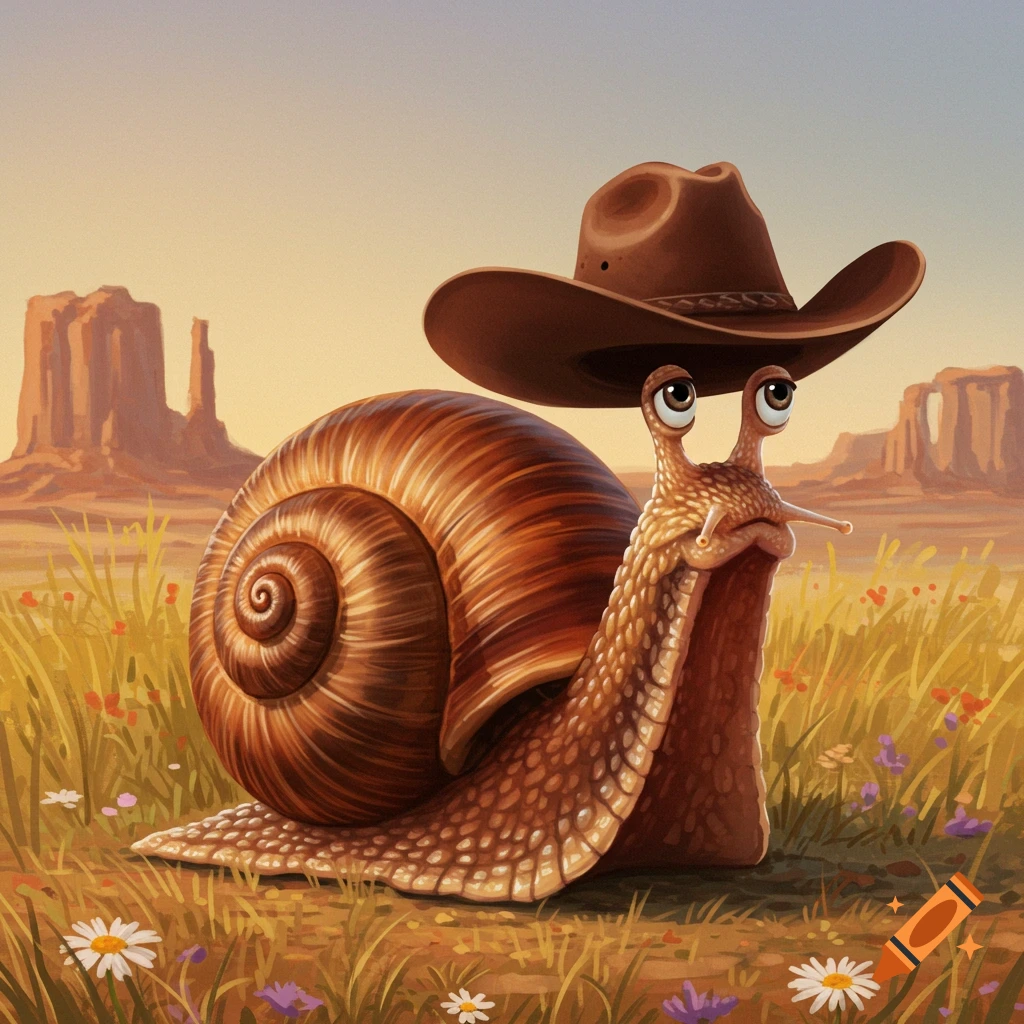 A cartoon snail wears a cowboy hat in a desert landscape. on Craiyon