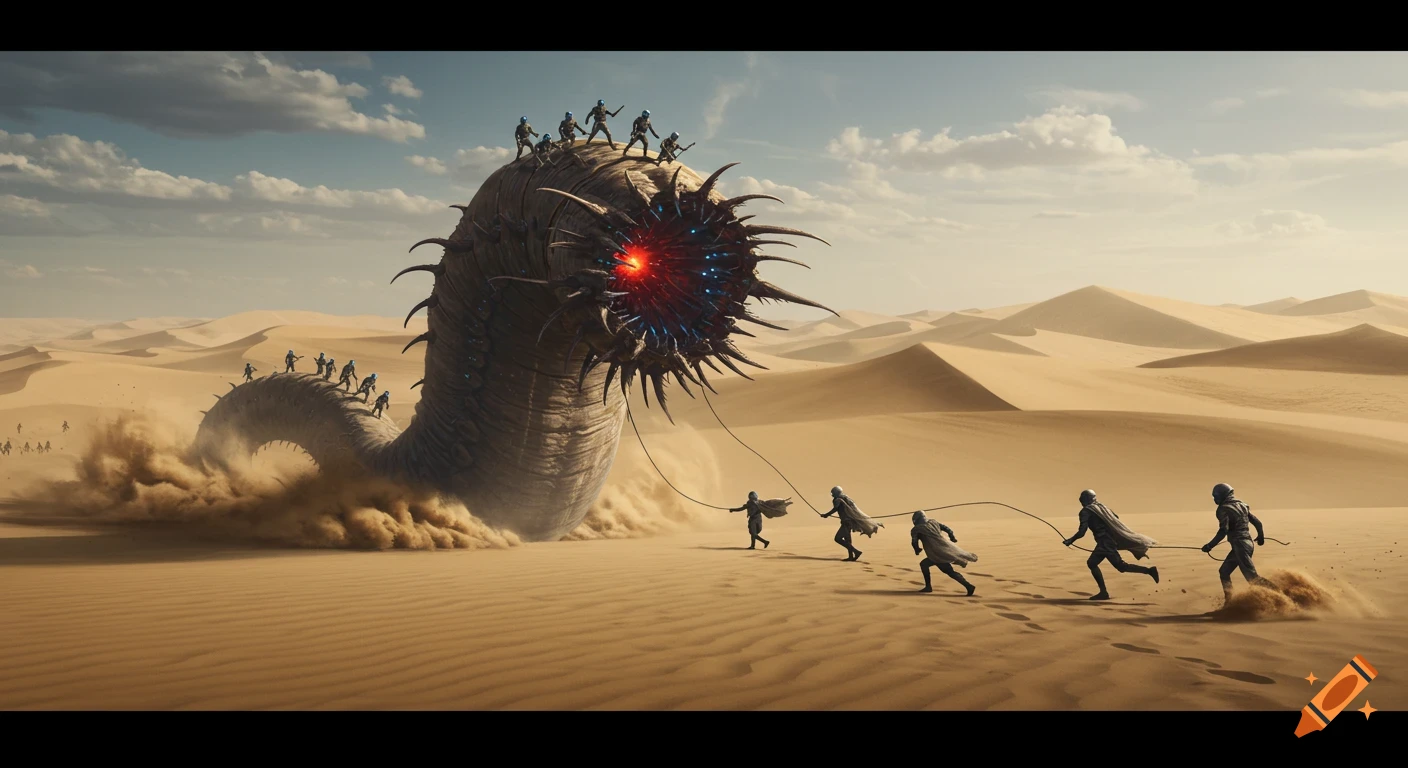 People riding and running alongside a giant sandworm in a vast desert ...