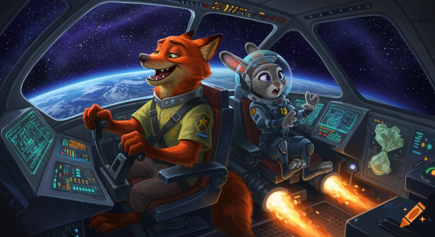 Zootopia characters Nick and Judy piloting a spaceship through space ...