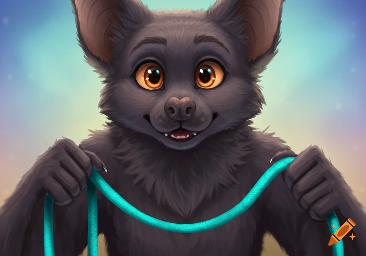 A close-up illustration of a cute furry bat holding a turquoise leash ...