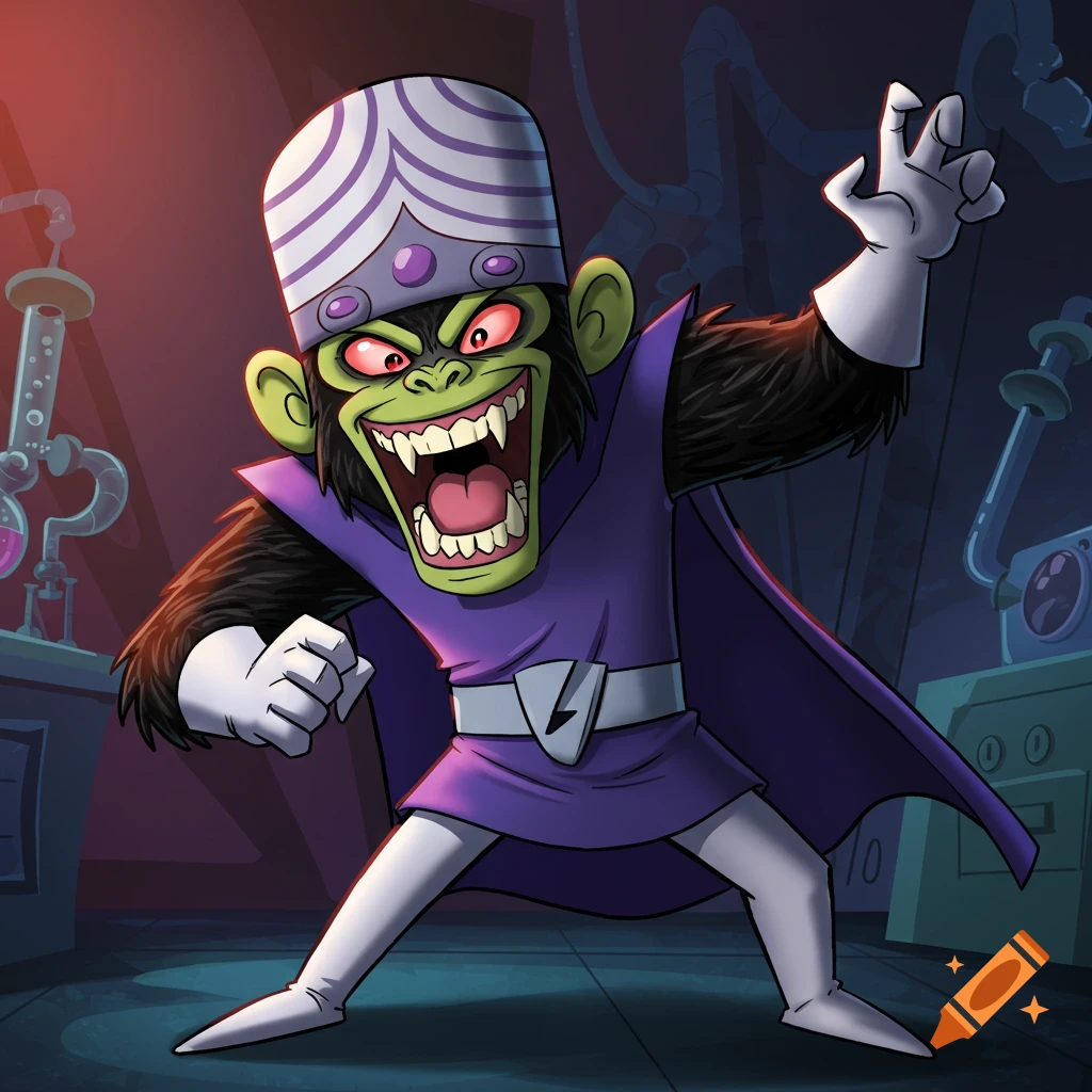Cartoon monkey villain Mojo Jojo in a purple cape and white turban, standing in a lab. on Craiyon