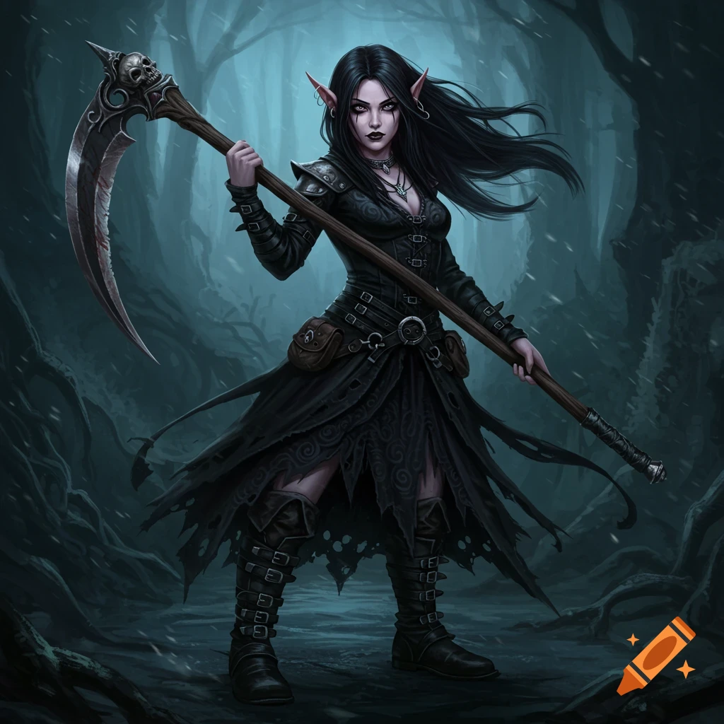 Dark fantasy art of a goth woman with pointed ears holding a scythe in ...