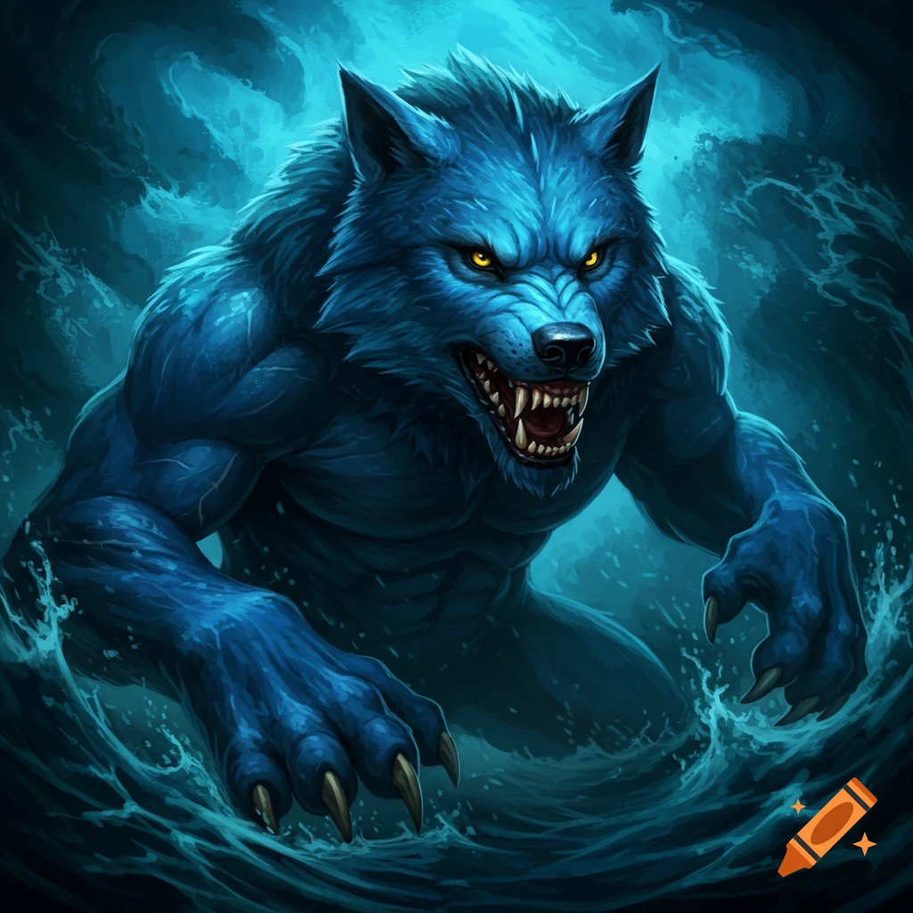 Muscular blue werewolf monster with glowing yellow eyes emerges from ...