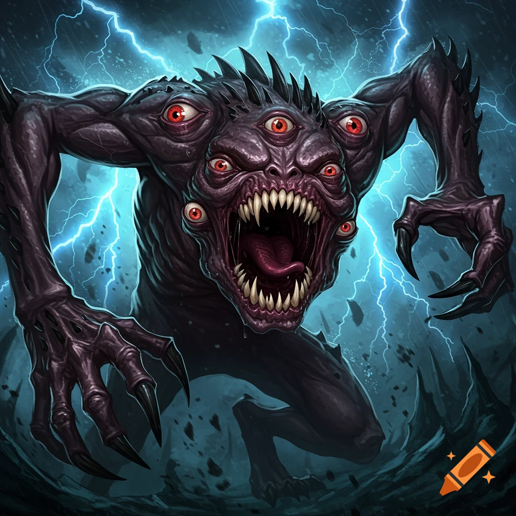 A grotesque monster with multiple red eyes and sharp teeth under stormy ...