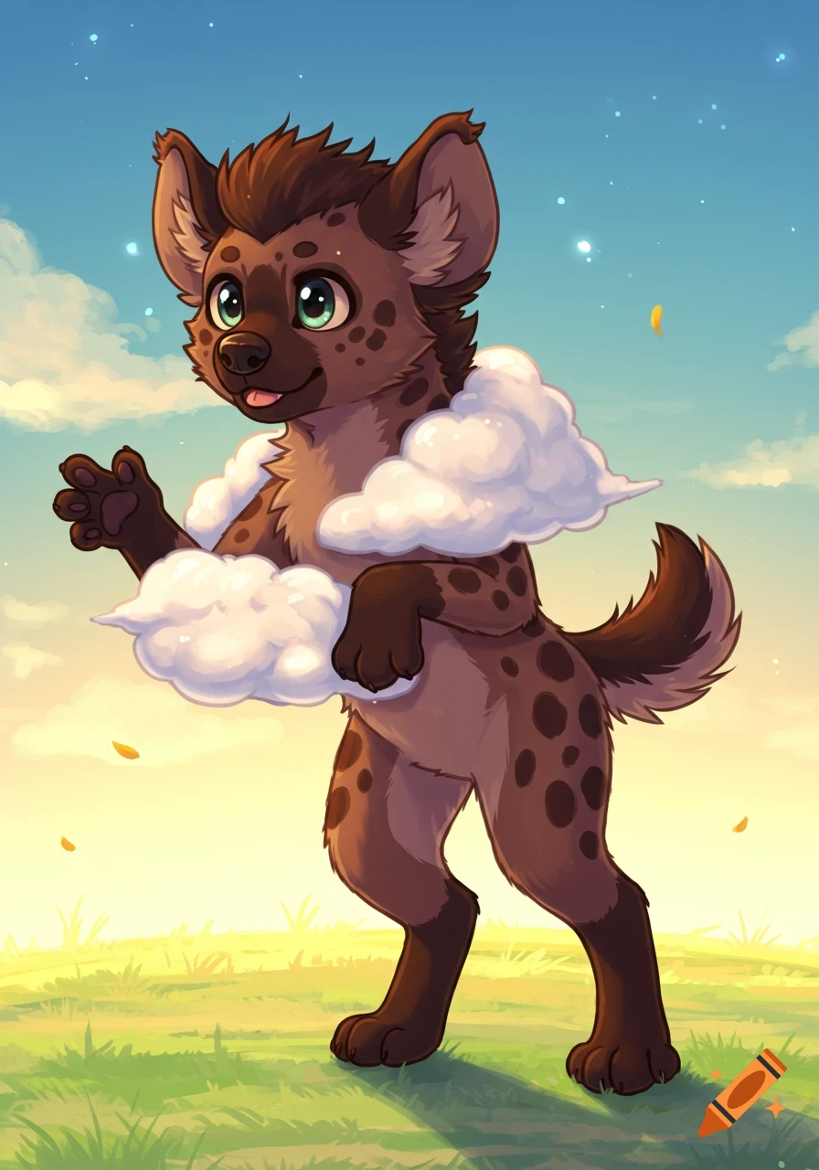 Spotted hyena furry character wrapped in clouds, standing in a sunny ...