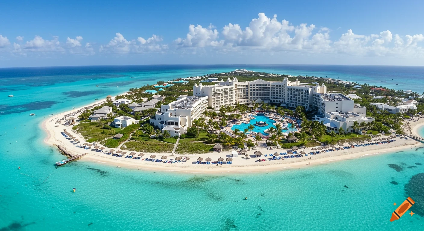 Aerial view of a large resort on a white sand beach with turquoise ...