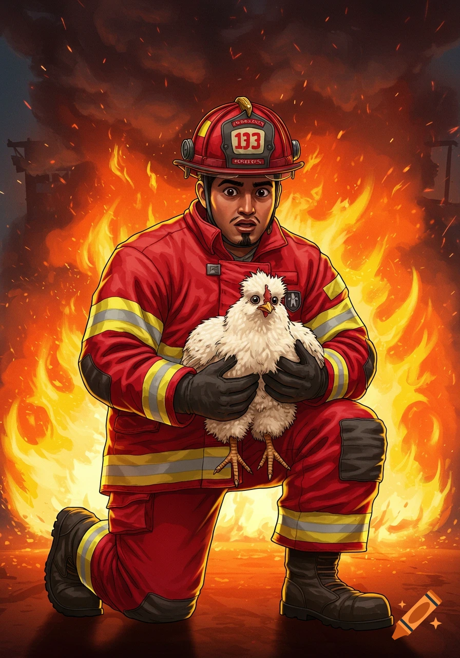 An illustration of a kneeling firefighter holding a white chicken in ...