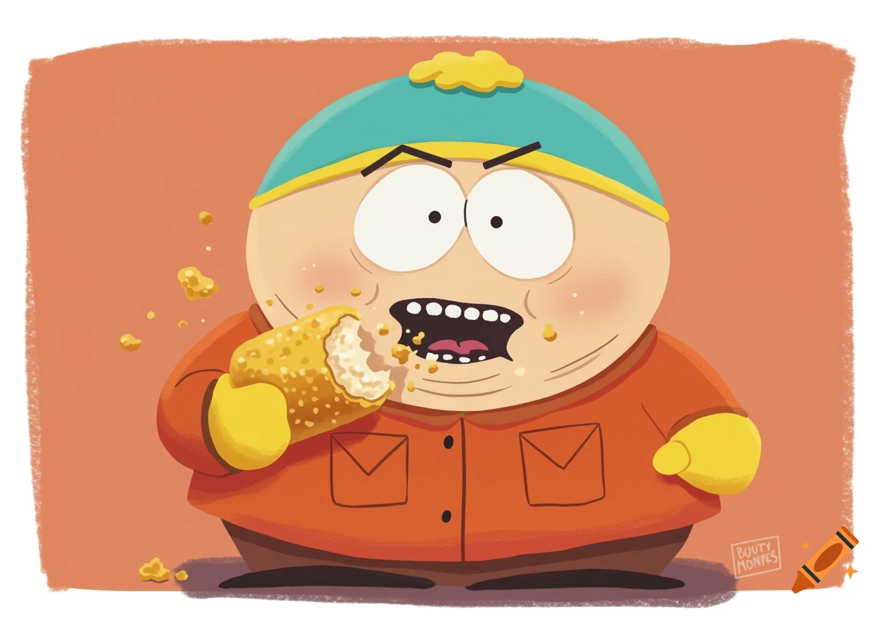 Cartoon illustration of Cartman from South Park messily eating a snack ...
