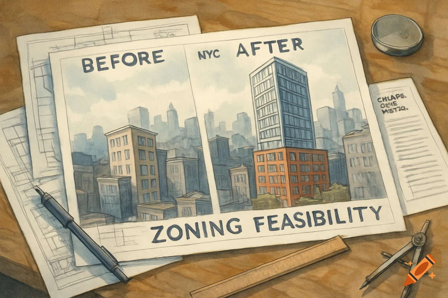 Watercolor illustration of an architect's desk with plans showing a ...