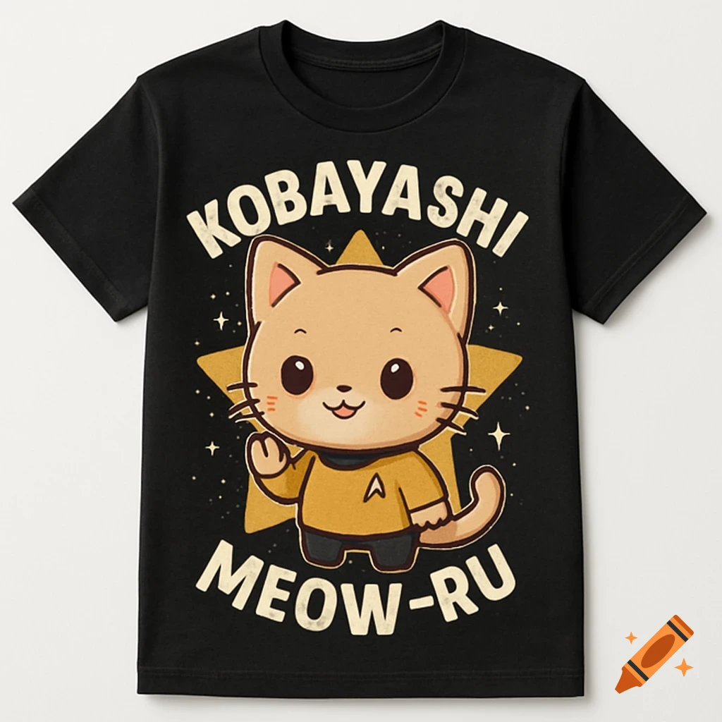 A black t-shirt featuring a cute chibi cat in a gold Star Trek uniform ...