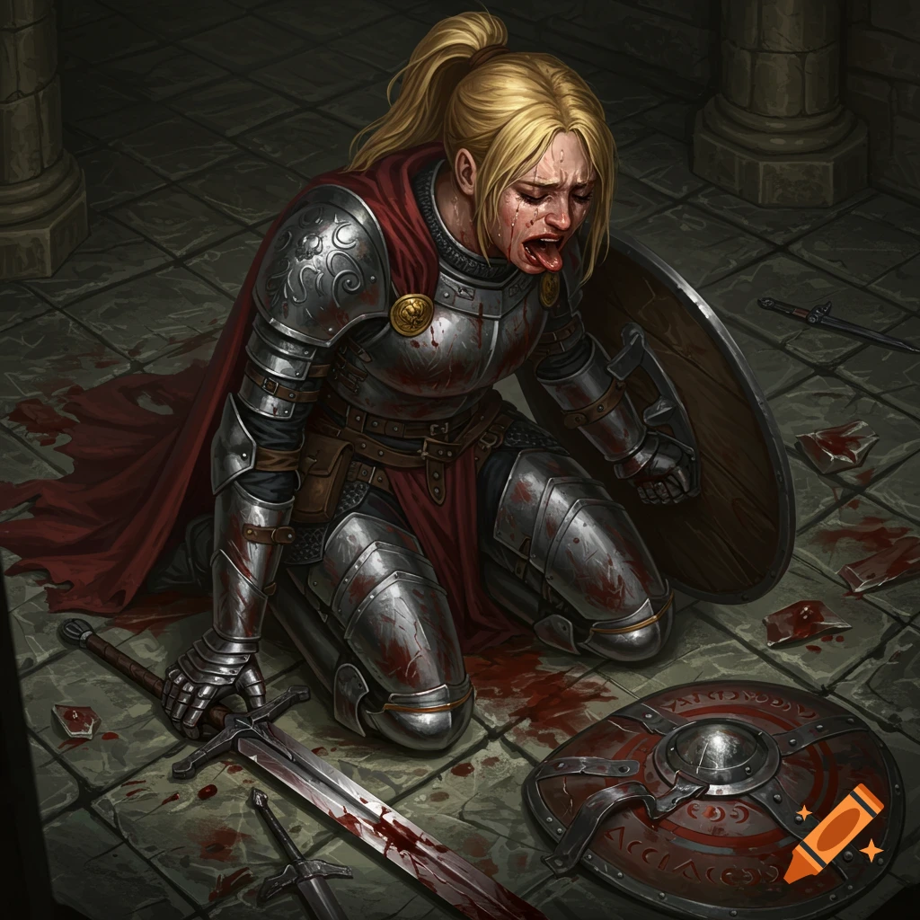 Dark fantasy art of a bloodied female warrior kneeling defeated in battle, broken sword and ...