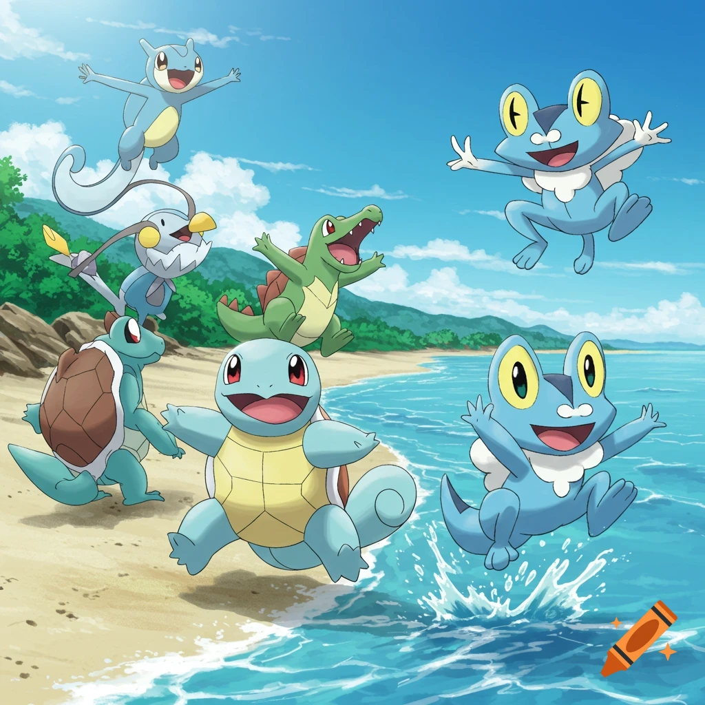 Anime-style image of several water starter Pokémon playing on a sunny ...