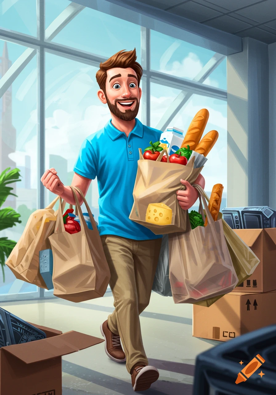 Illustration of a man carrying multiple bags of groceries on Craiyon