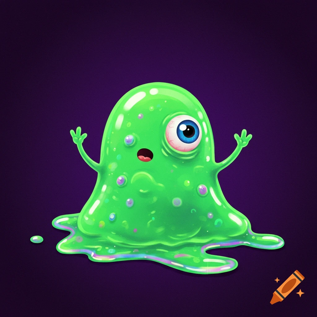 A green slime monster with an eyeball and arms against a purple background. on Craiyon