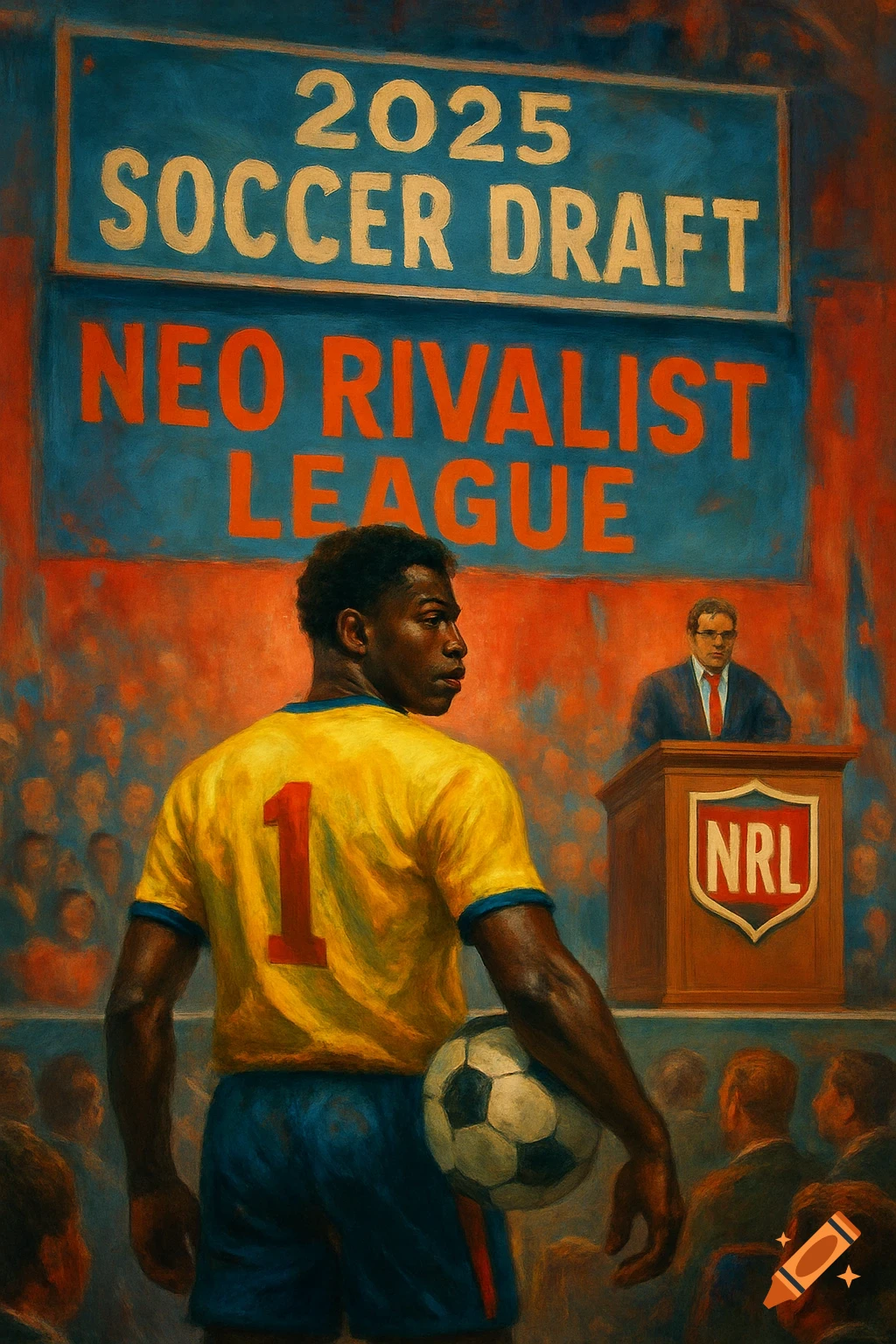 A soccer player stands before a stage with "2025 Soccer Draft Neo ...
