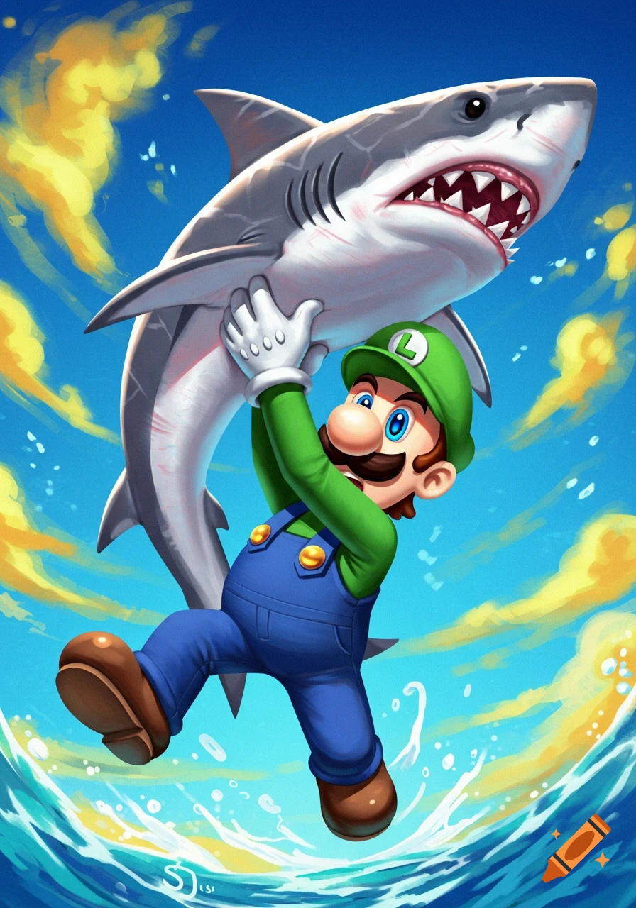 Illustration of Luigi holding a shark above splashing water and clouds ...