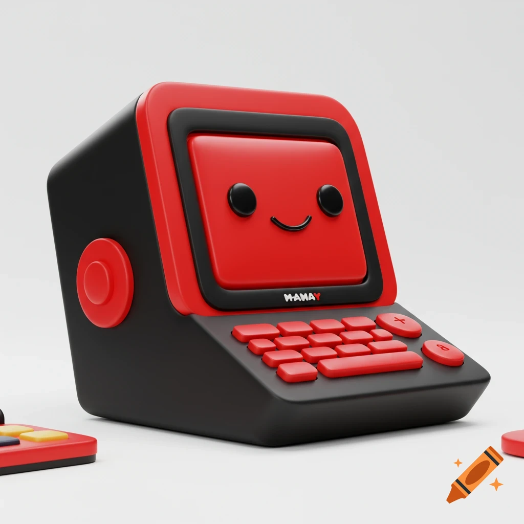 A cute 3D stylized computer in red and black with a smiley face on the ...