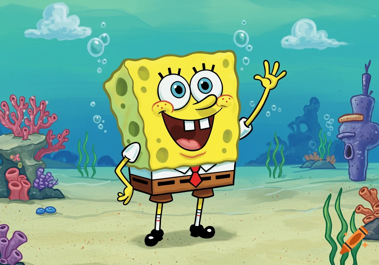 Spongebob Squarepants waves underwater in a colorful cartoon ...