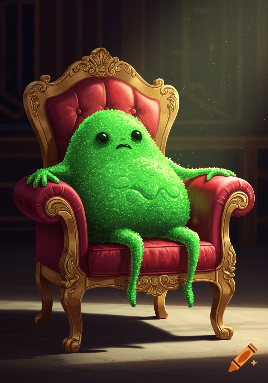A green blob creature sits on a red and gold armchair. on Craiyon