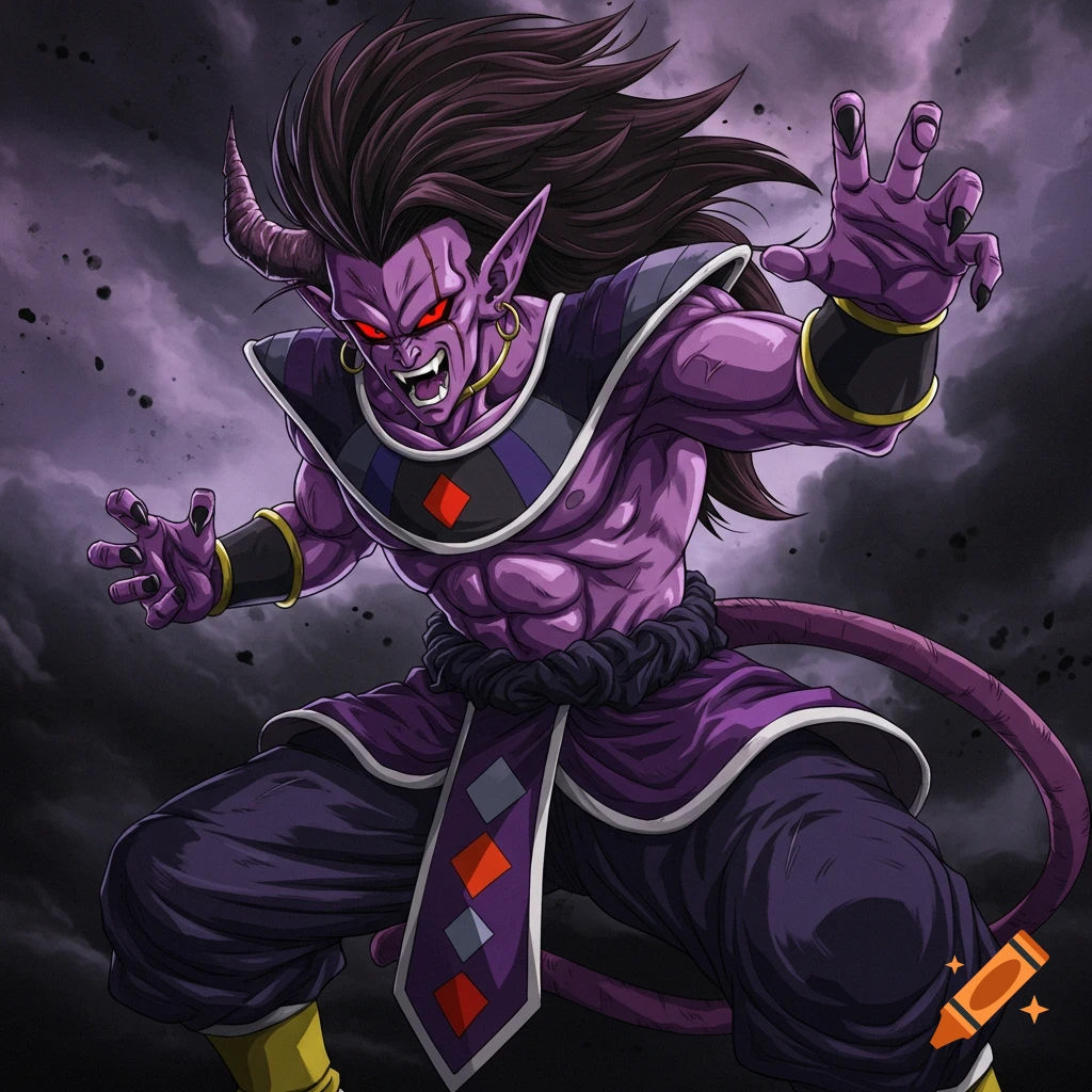 Purple-skinned anime character with horns and red eyes in an aggressive ...