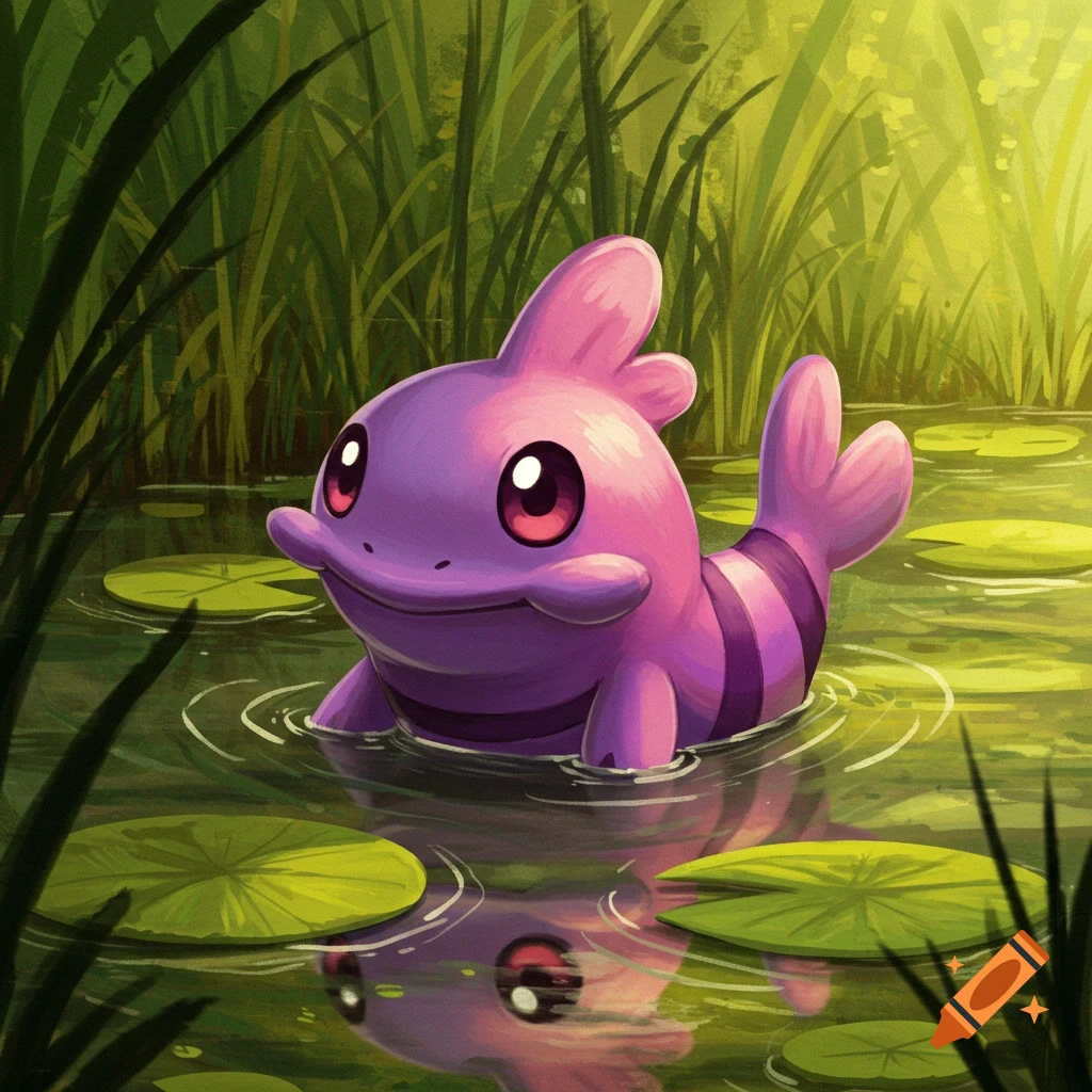 A purple creature with stripes and fins in a pond with lily pads and ...