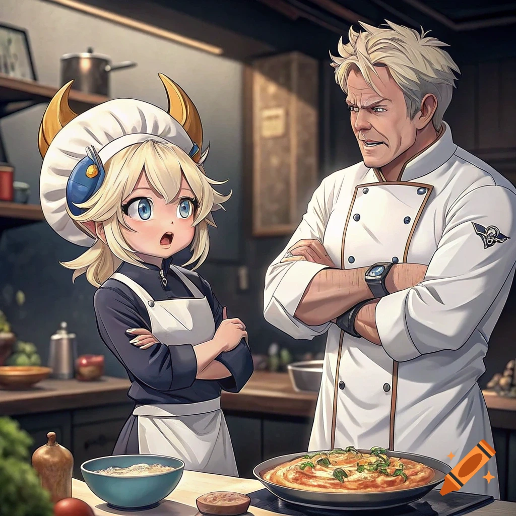 Anime character in chef hat looking surprised at stern chef in kitchen ...