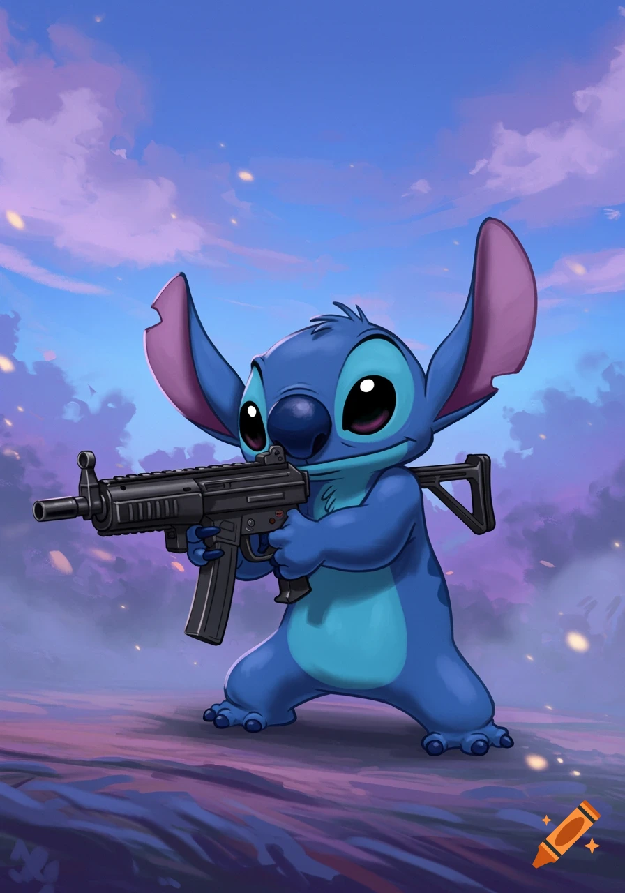 Stitch holds a gun against a cloudy sky backdrop. on Craiyon