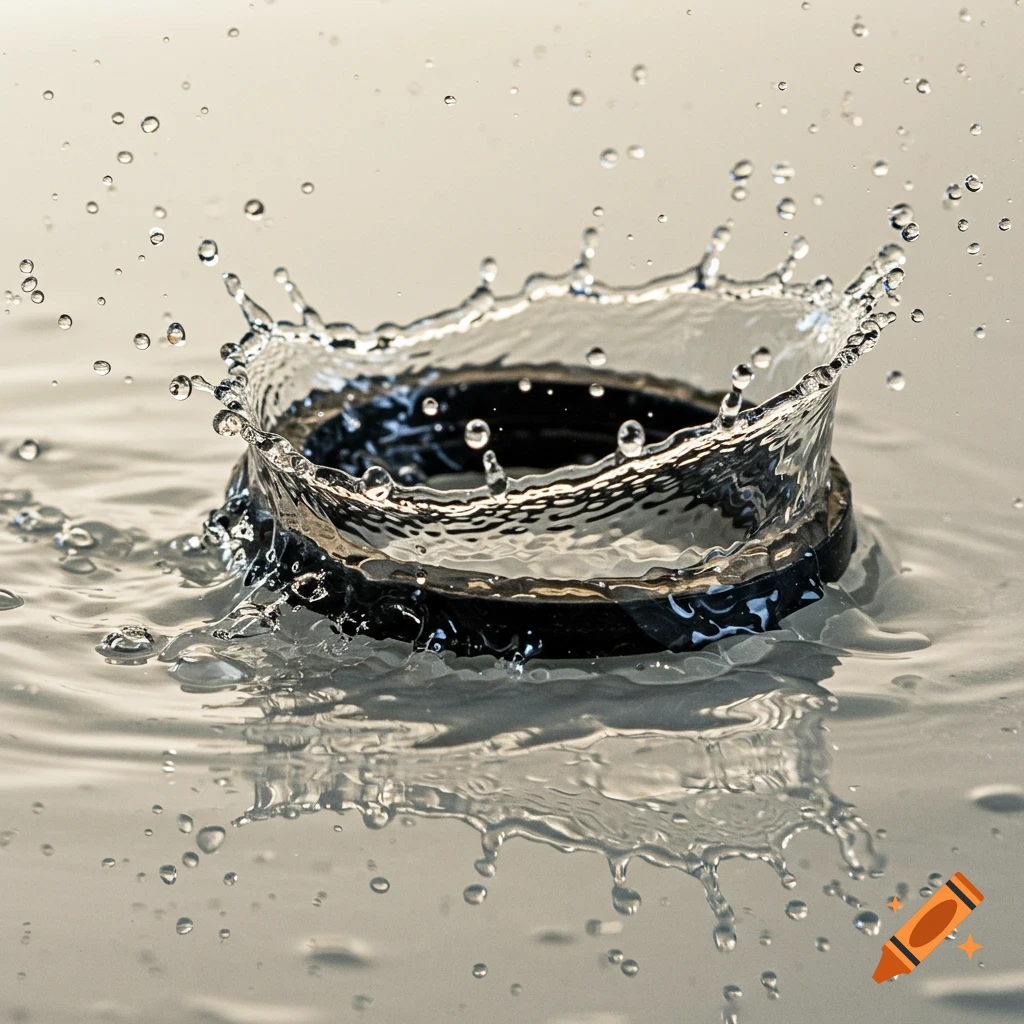 Close-up of a water splash forming a crown shape around a dark o-ring ...
