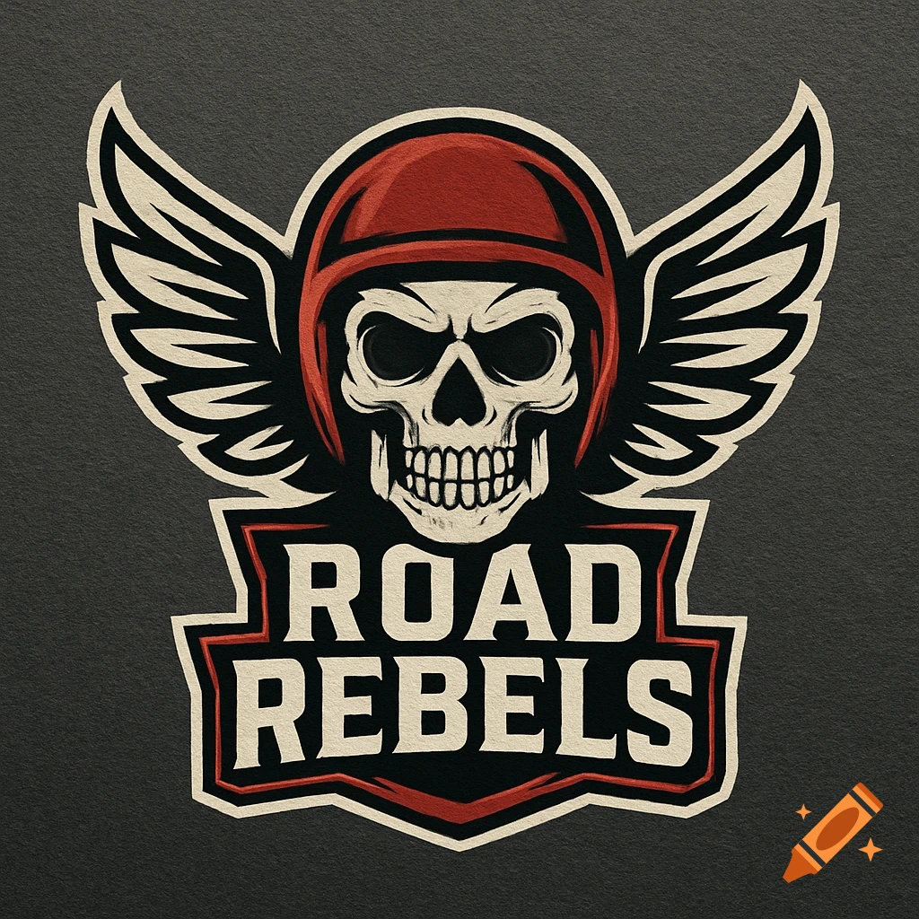 Logo with a skull wearing a red helmet, wings, and the text 'ROAD ...