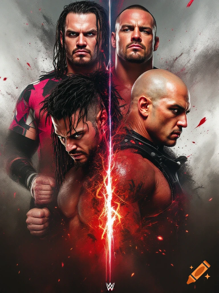 Poster of four intense-looking wrestlers split by red lightning. on Craiyon