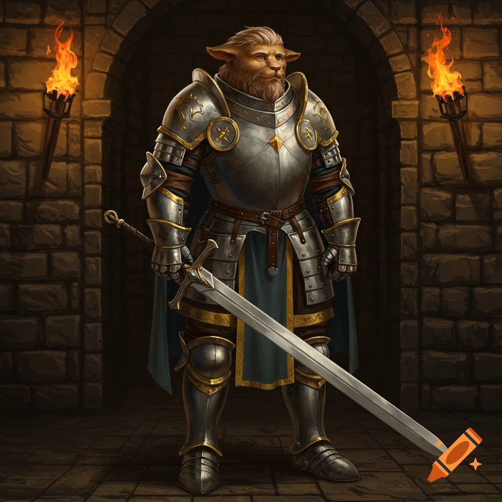 A beast-like paladin in full plate armor stands in a stone dungeon hallway, holding a greatsword ...