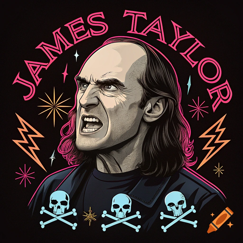 Illustration of James Taylor in a heavy metal sticker style, with ...
