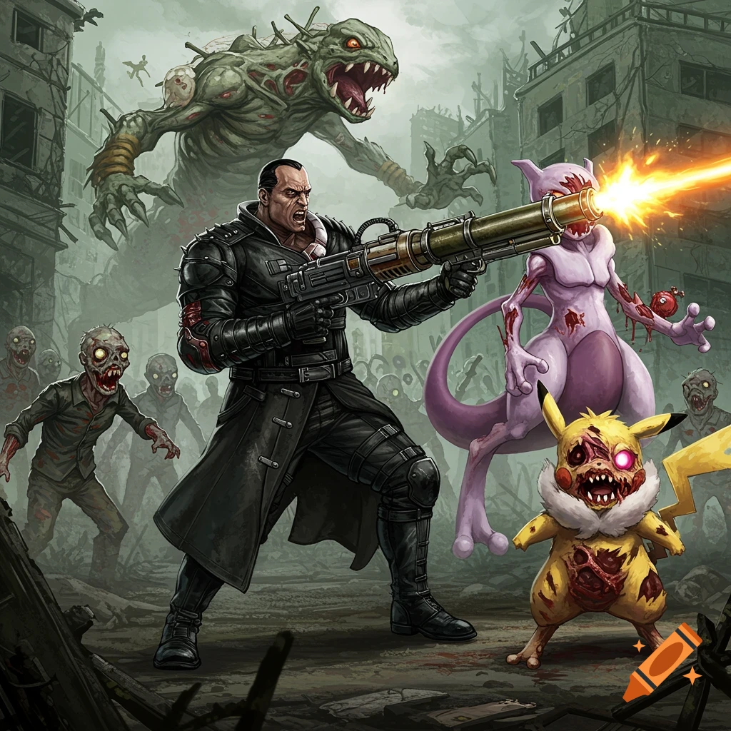 Human character fighting zombie Mewtwo and Pikachu in a destroyed city ...