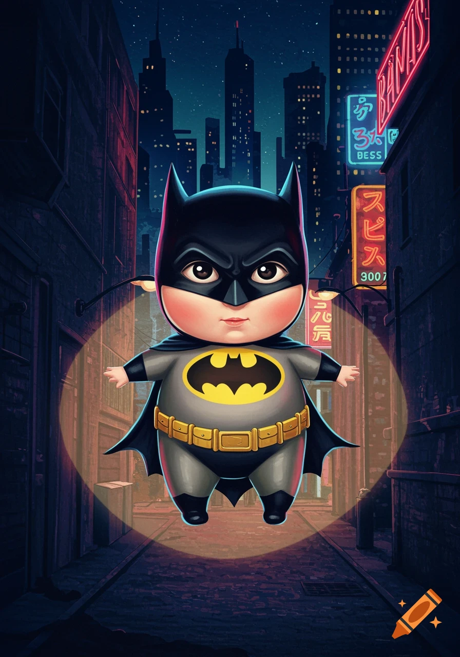 A chibi-style Batman stands in a dark alley at night with neon signs ...