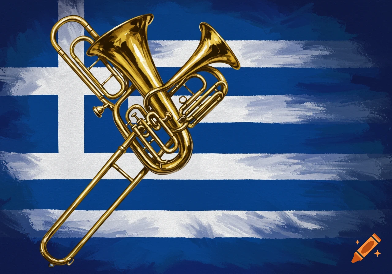 Trombone and tuba over a Greek flag in a painterly style. on Craiyon