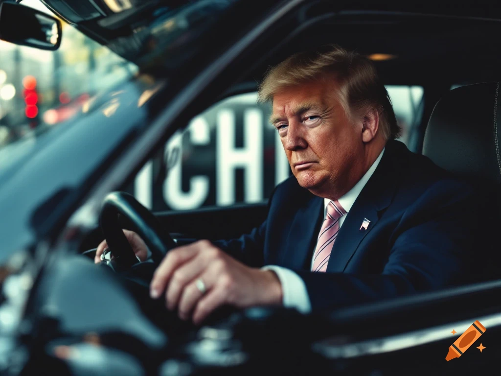 Donald Trump sits behind the wheel of a dark car, looking forward. on ...