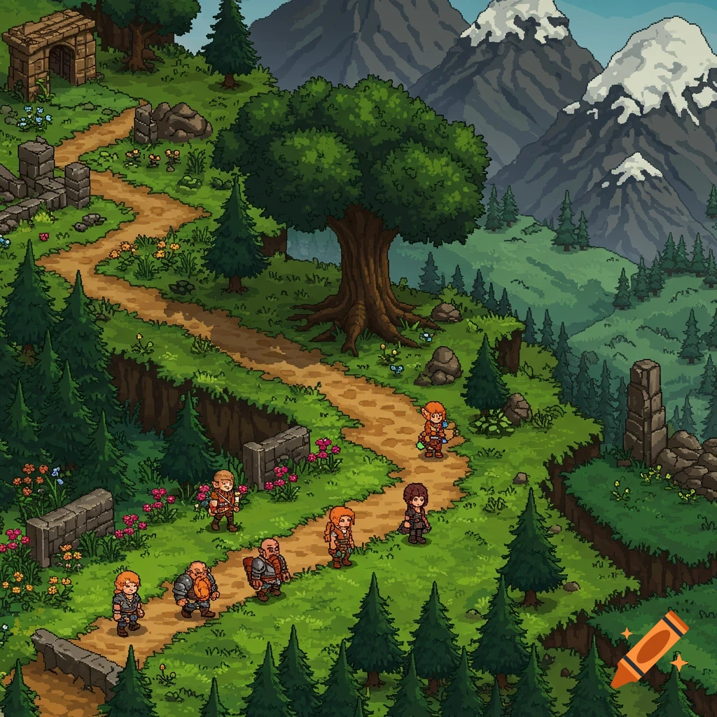 Pixel art fantasy characters walk on a path through a green, hilly ...