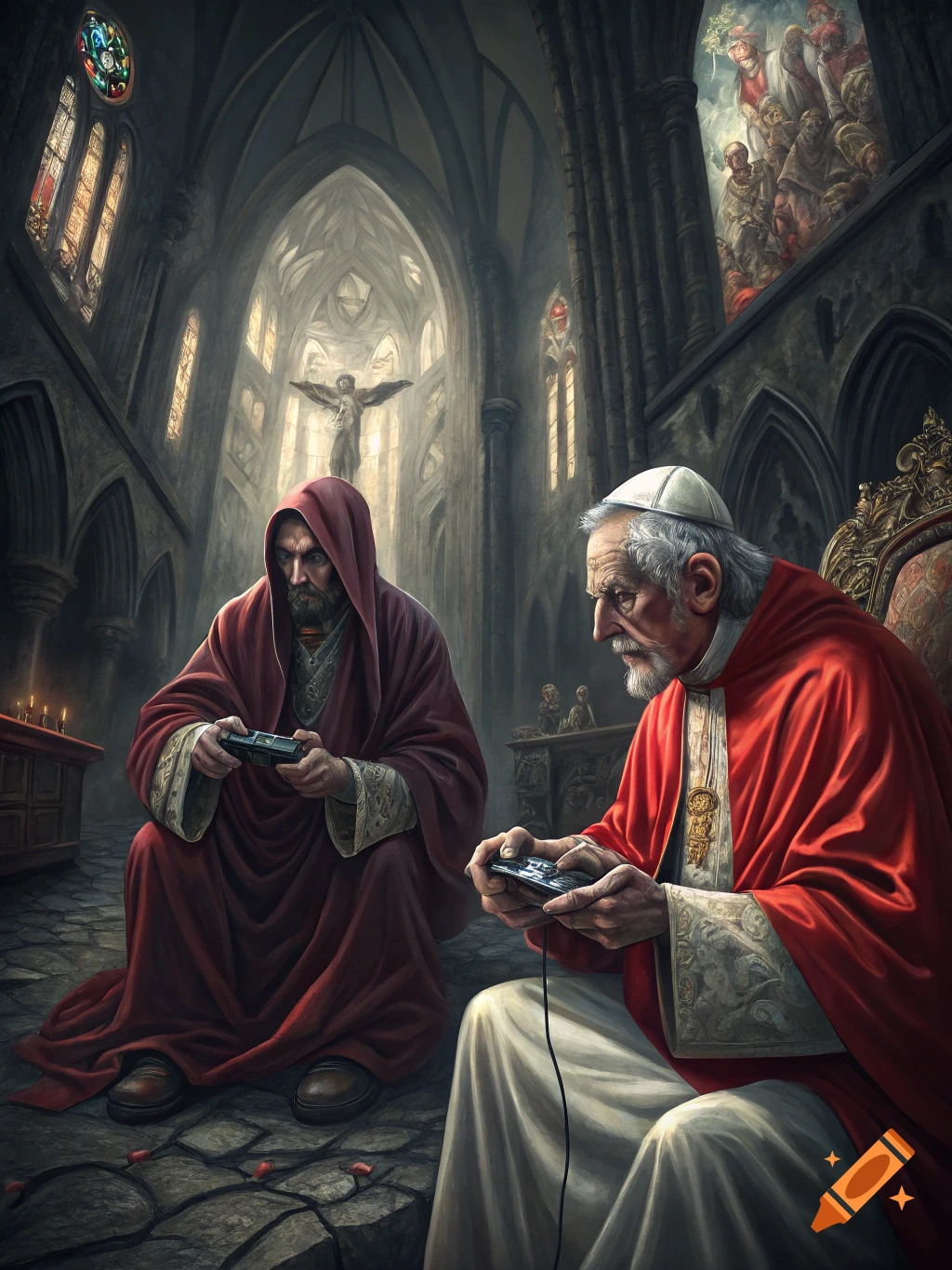 Two robed figures resembling a pope and a monk play handheld video ...