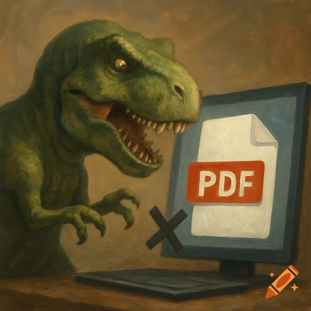 A dinosaur looks frustrated at a computer screen showing a PDF file ...