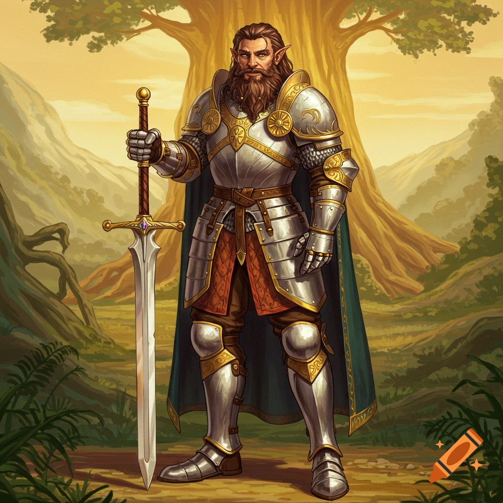 A fantasy paladin character with a beard and pointed ears, wearing ...