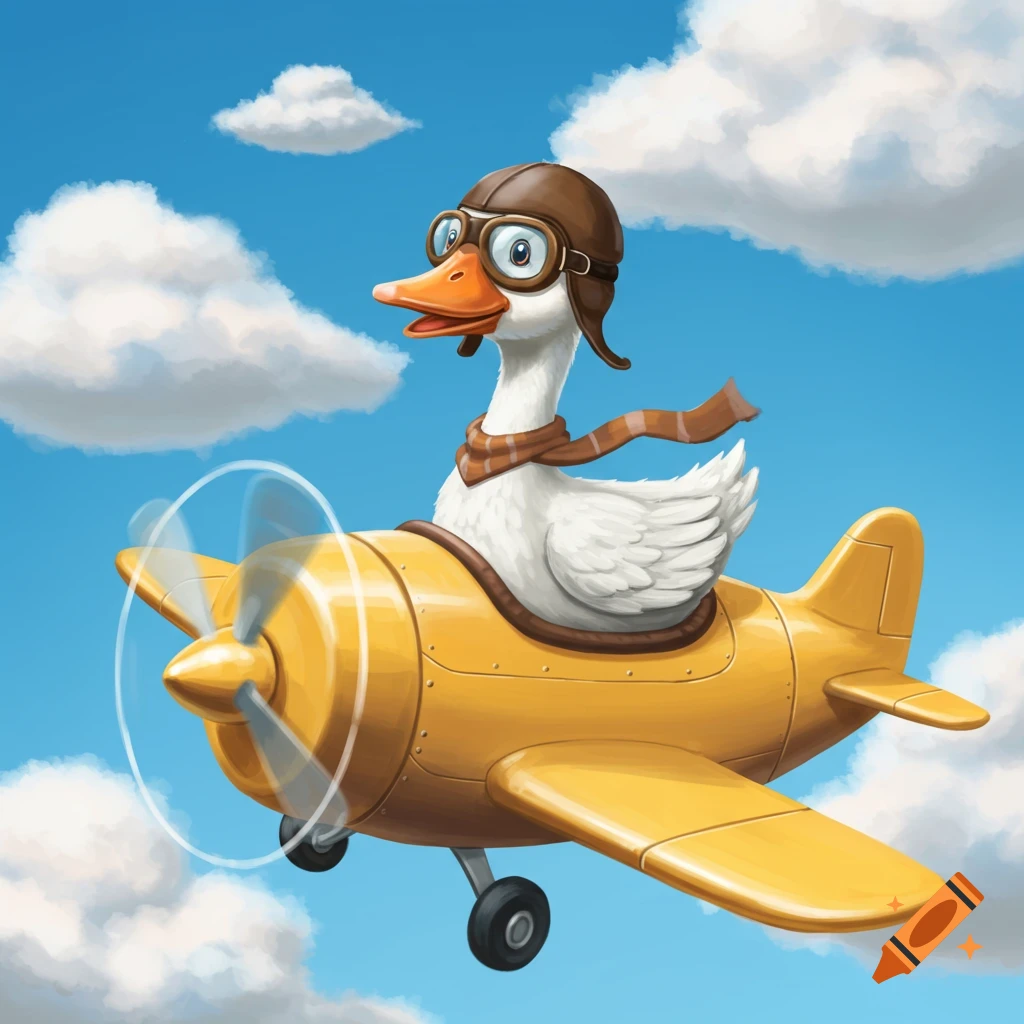 Cartoon goose wearing pilot gear flying a yellow plane in a blue sky ...