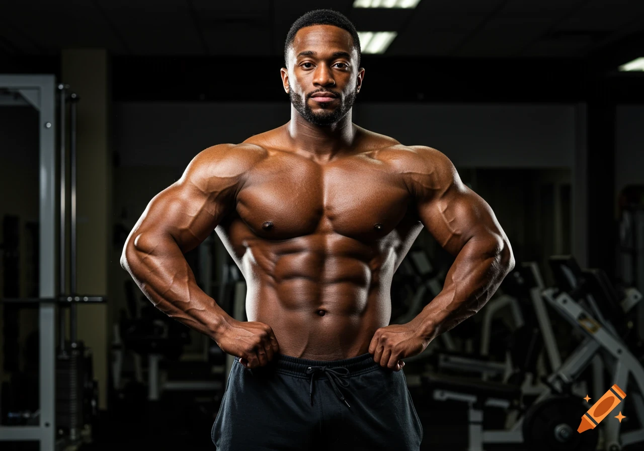 A muscular bodybuilder poses in a gym. on Craiyon